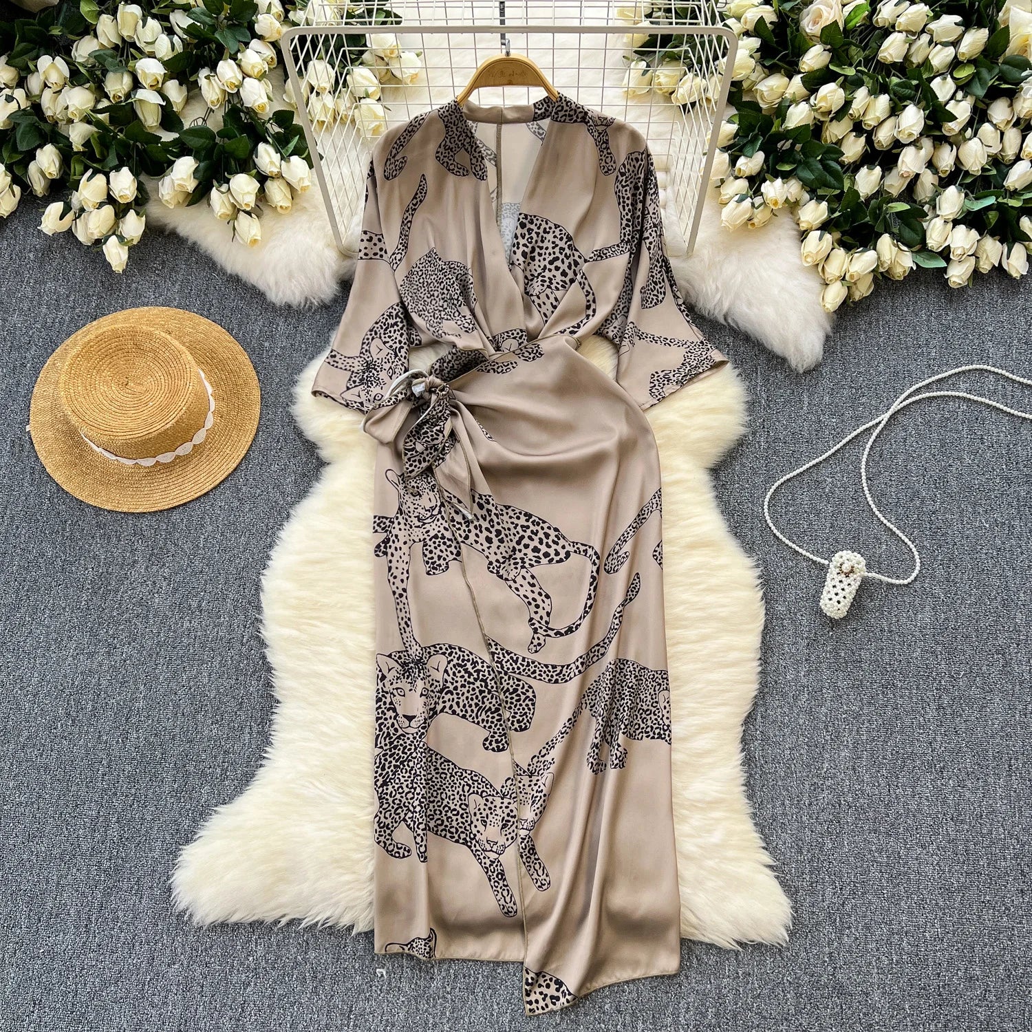 Elegant Satin Leopard Print Long Kimono Dress on Luulla
