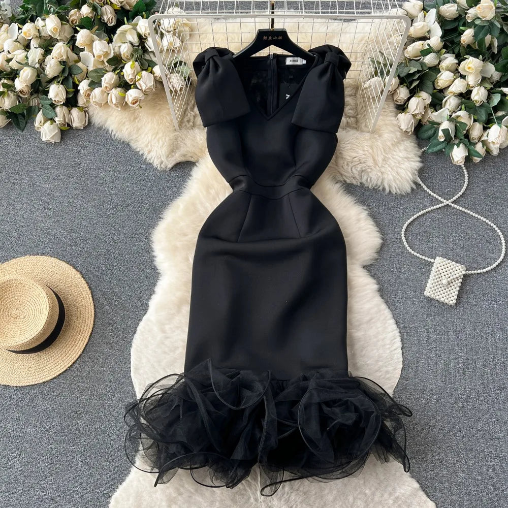 Elegant Black Dress With Ruffled Hem Design on Luulla