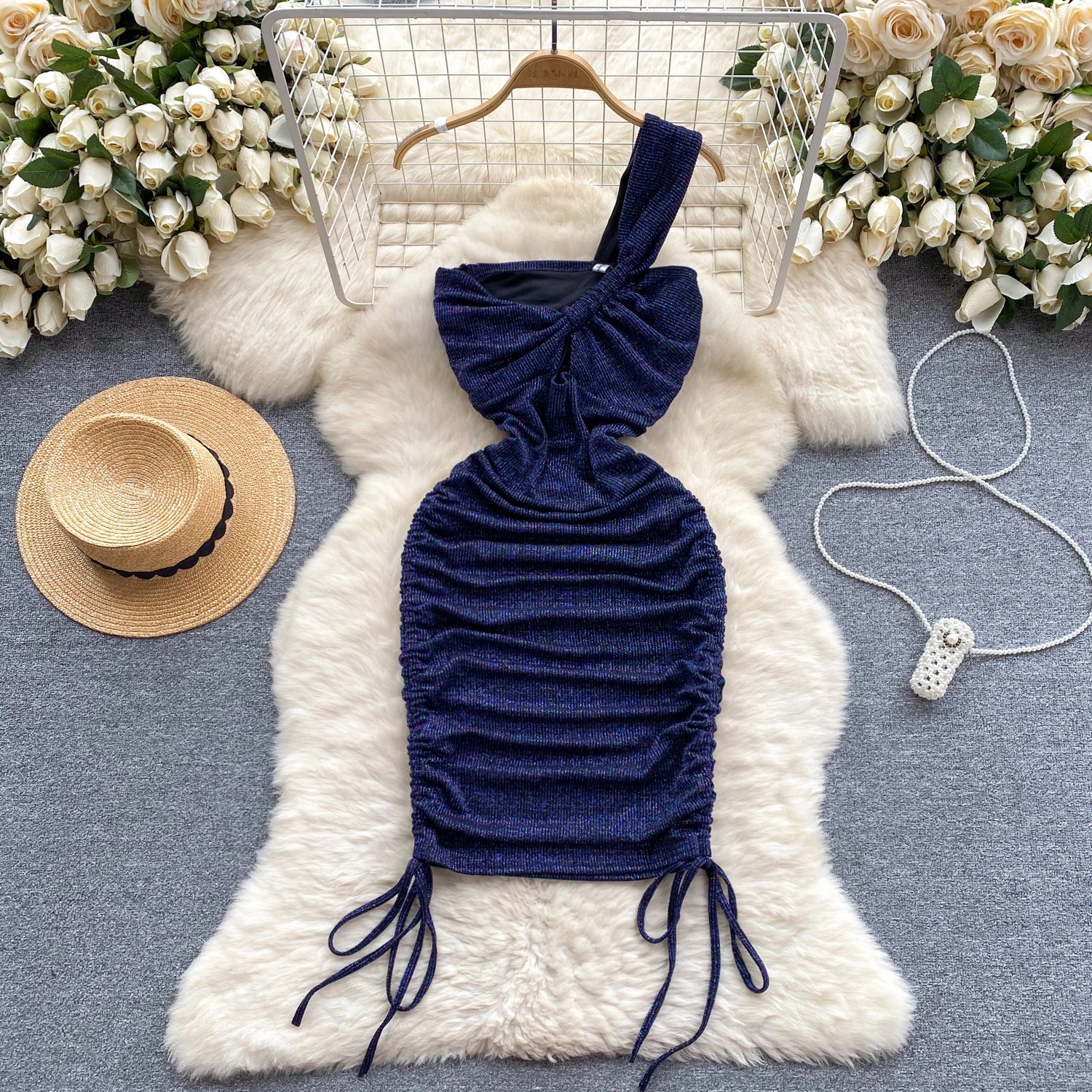 One-shoulder Navy Blue Ruched Party Dress on Luulla