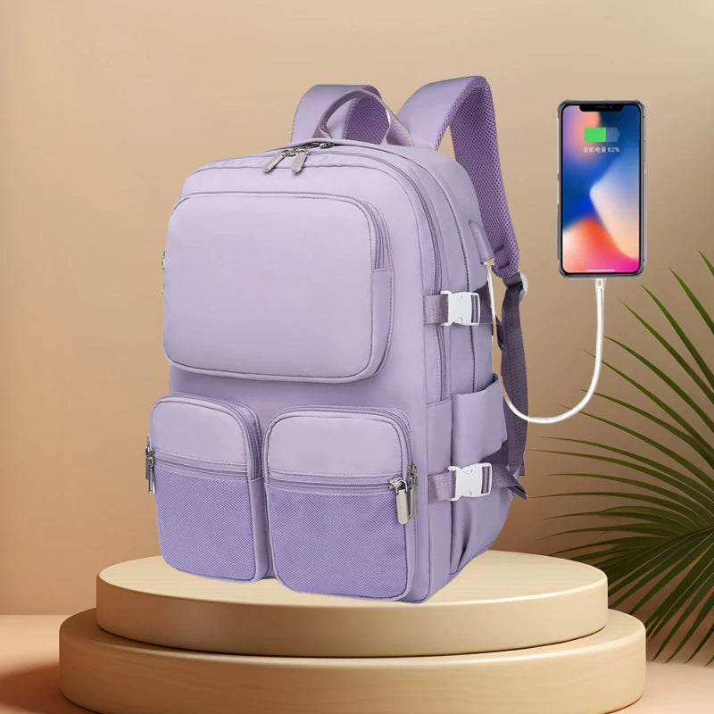 Lavender Multi-pocket Backpack With Usb Charging Port on Luulla