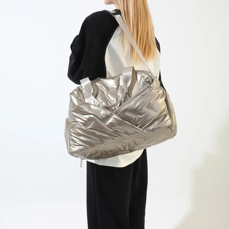 Metallic Silver Quilted Nylon Travel Duffel Bag on Luulla