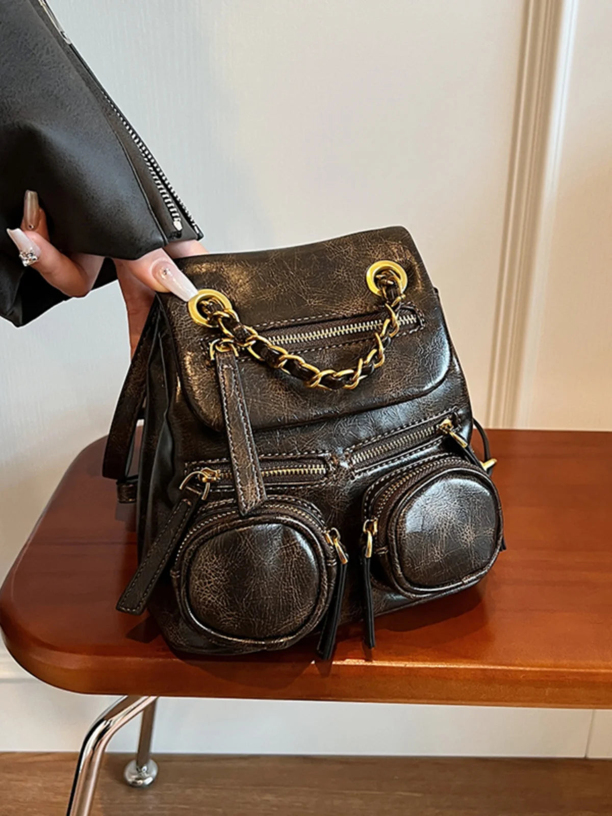 Vintage Leather Mini Backpack With Chain Detail on Luulla