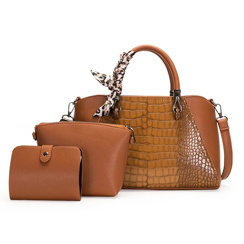 Elegant Brown Croc-embossed Handbag Set With Scarf on Luulla