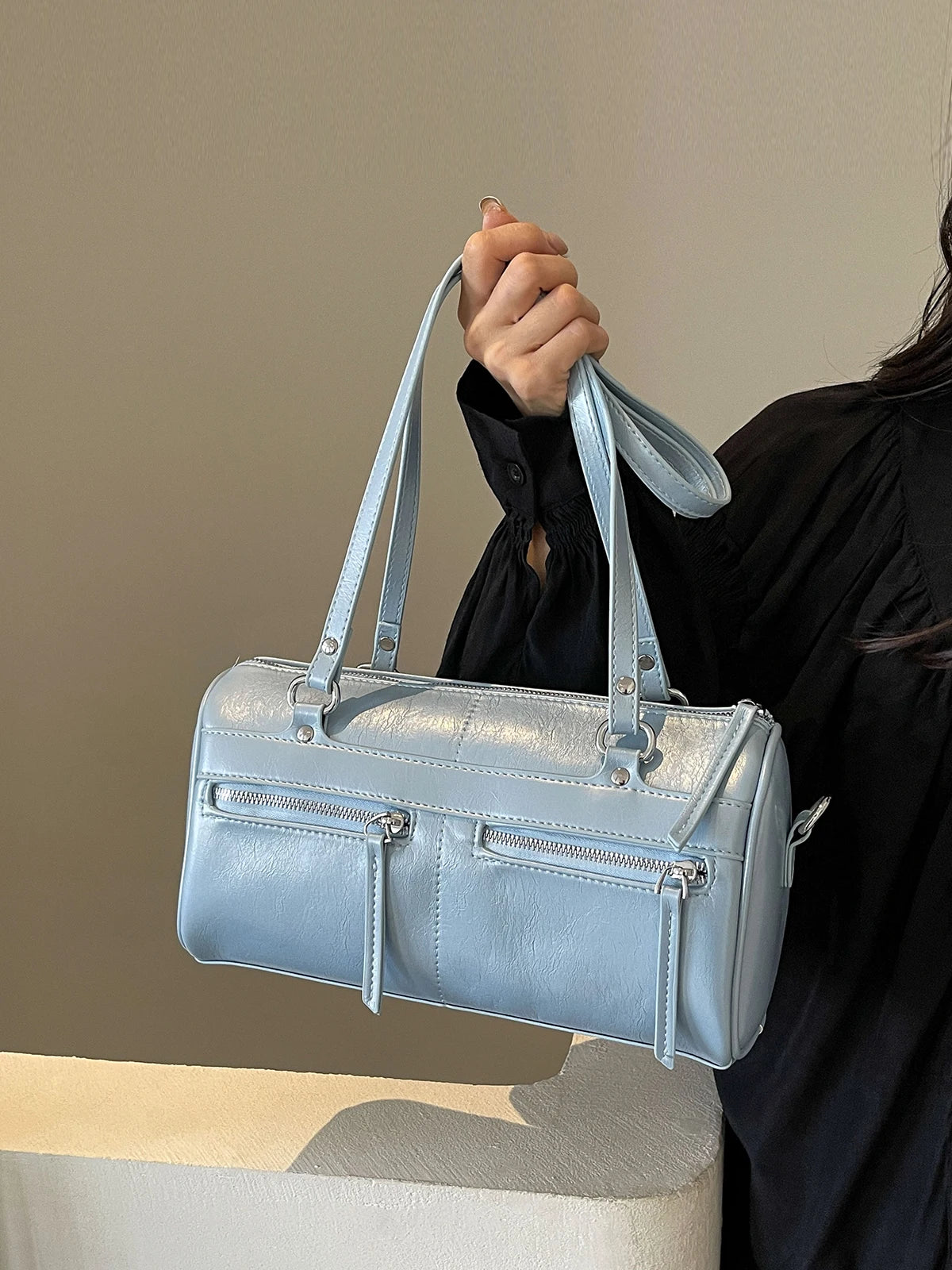 Stylish Light Blue Leather Barrel Handbag Purse on Luulla