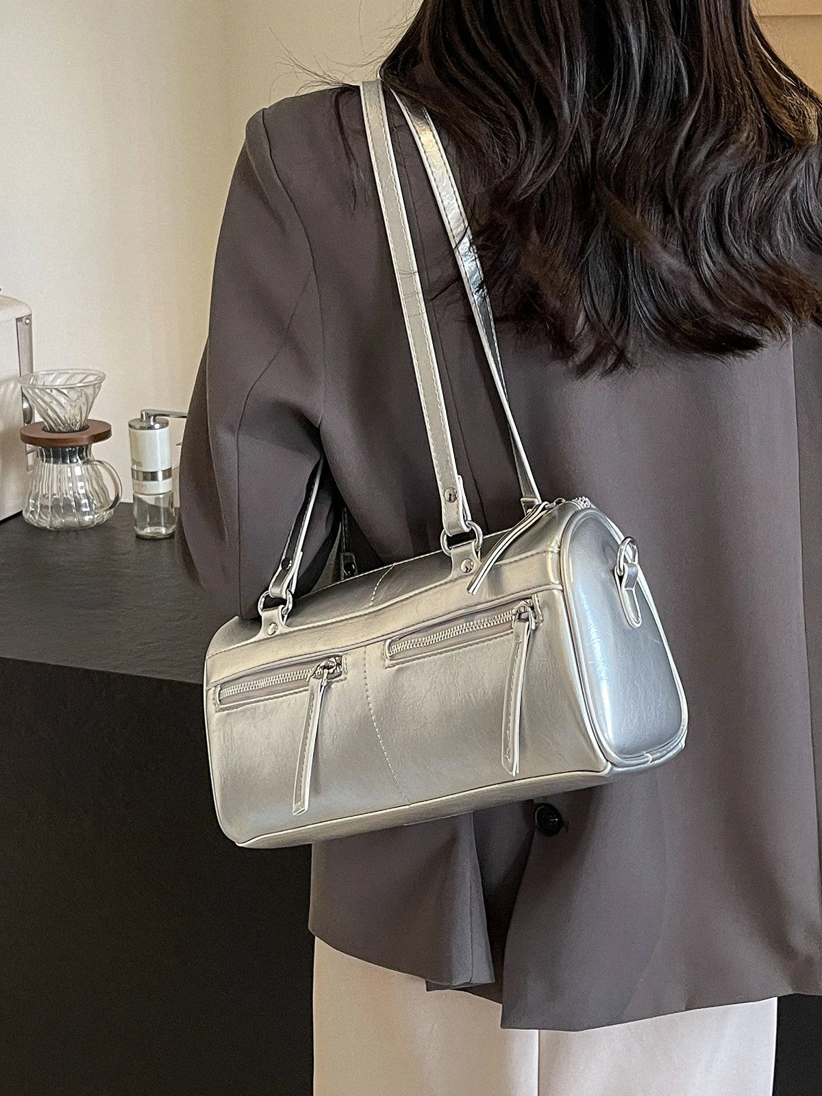 Stylish Light Blue Leather Barrel Handbag Purse on Luulla