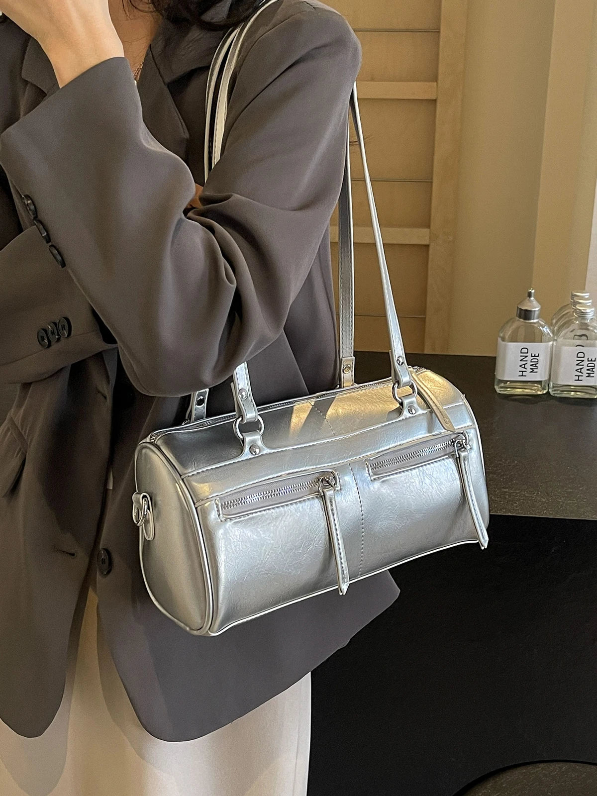 Stylish Light Blue Leather Barrel Handbag Purse on Luulla