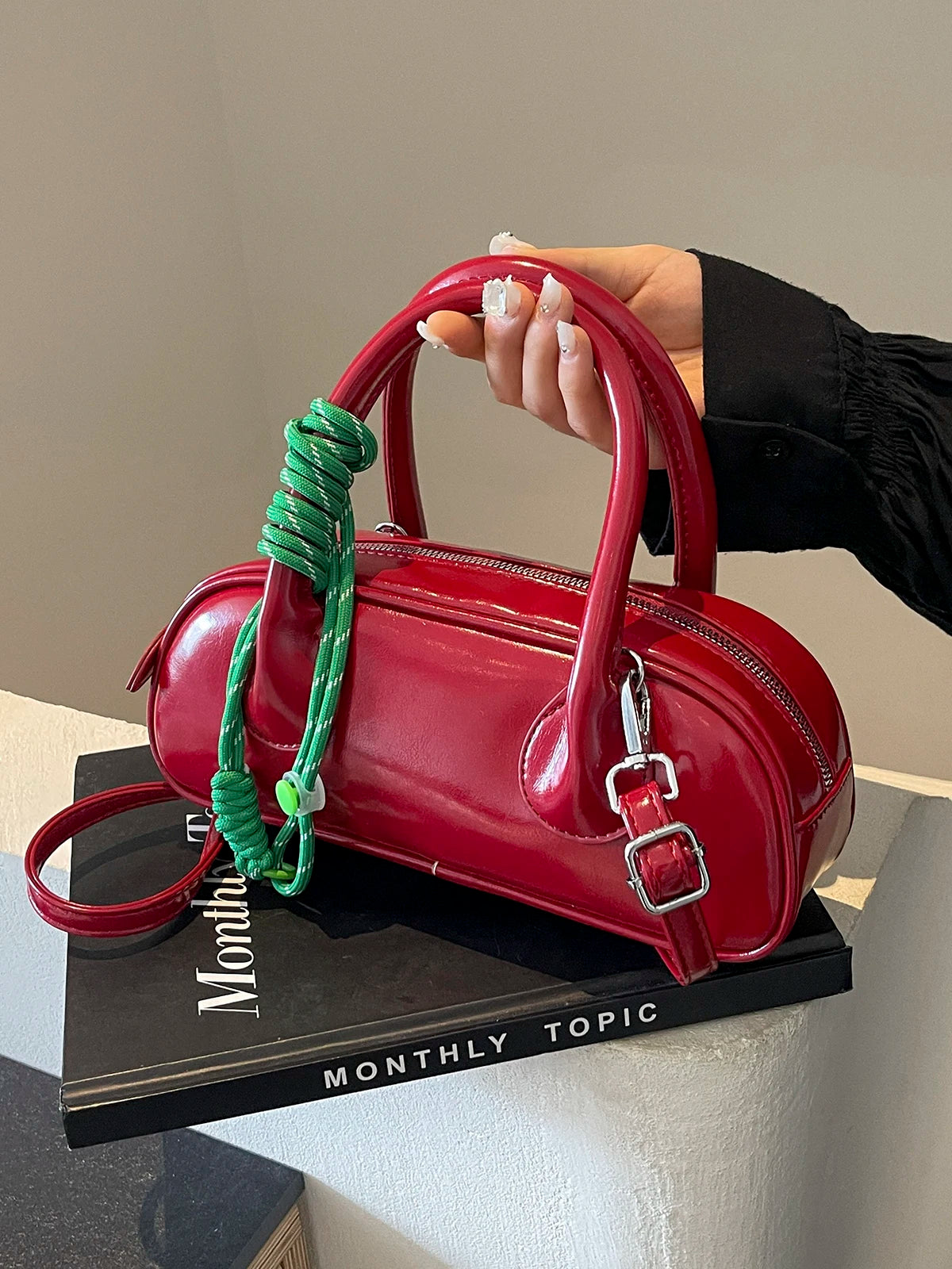 Chic Red Patent Cylinder Handbag With Strap on Luulla