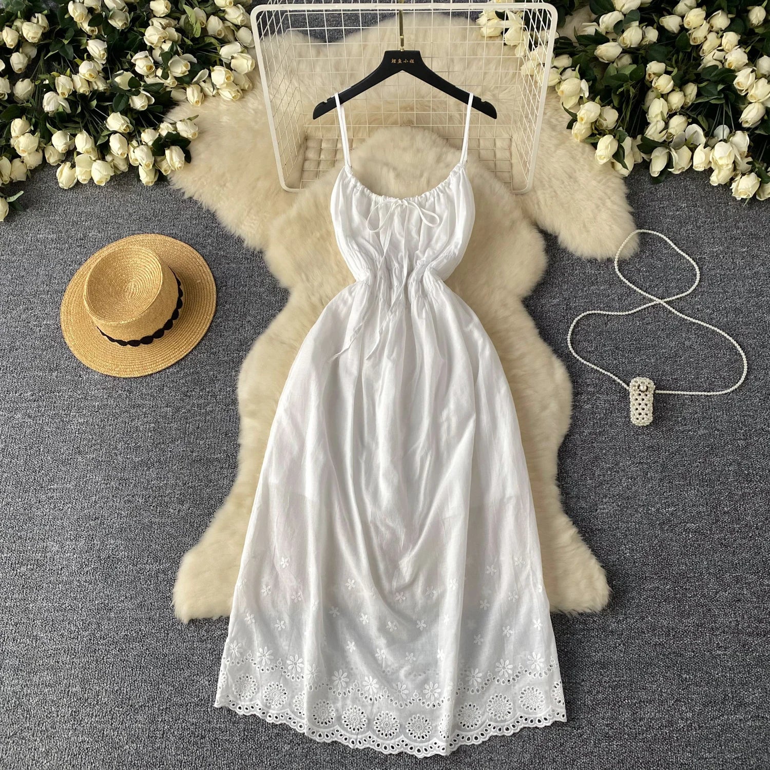 Elegant White Summer Embroidered Midi Sundress on Luulla