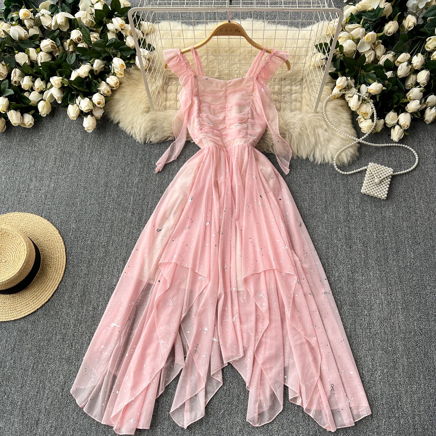 Elegant Pink Ruffled Dress With Sparkle Overlay E on Luulla