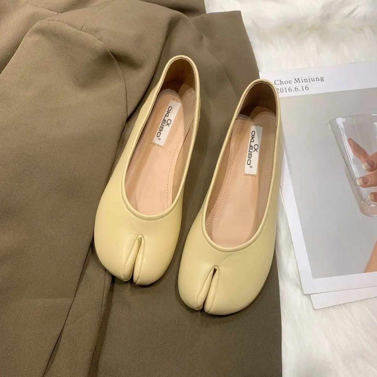 Womens Beige Split-toe Leather Ballet Flats on Luulla