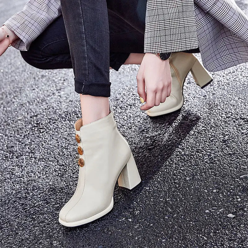 Beige High Heel Ankle Boots With Buttons on Luulla