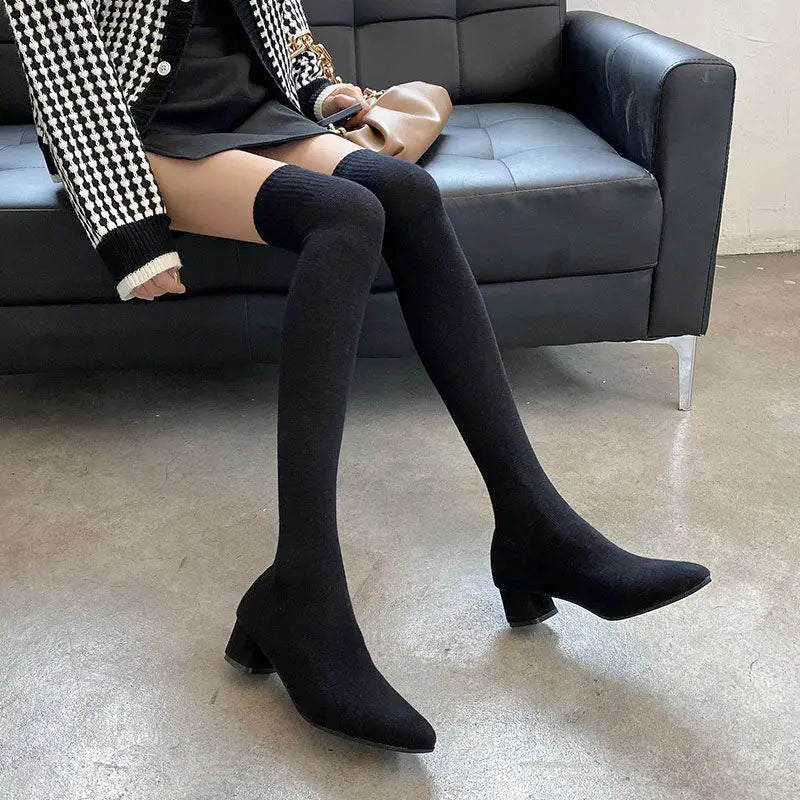 Womens Black Thigh-high Knitted Block Heels on Luulla