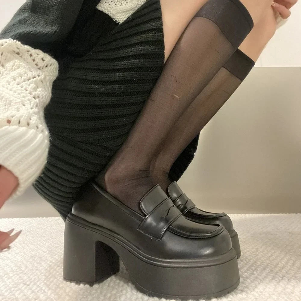 Chunky Platform Loafers With Sheer Knee Socks on Luulla