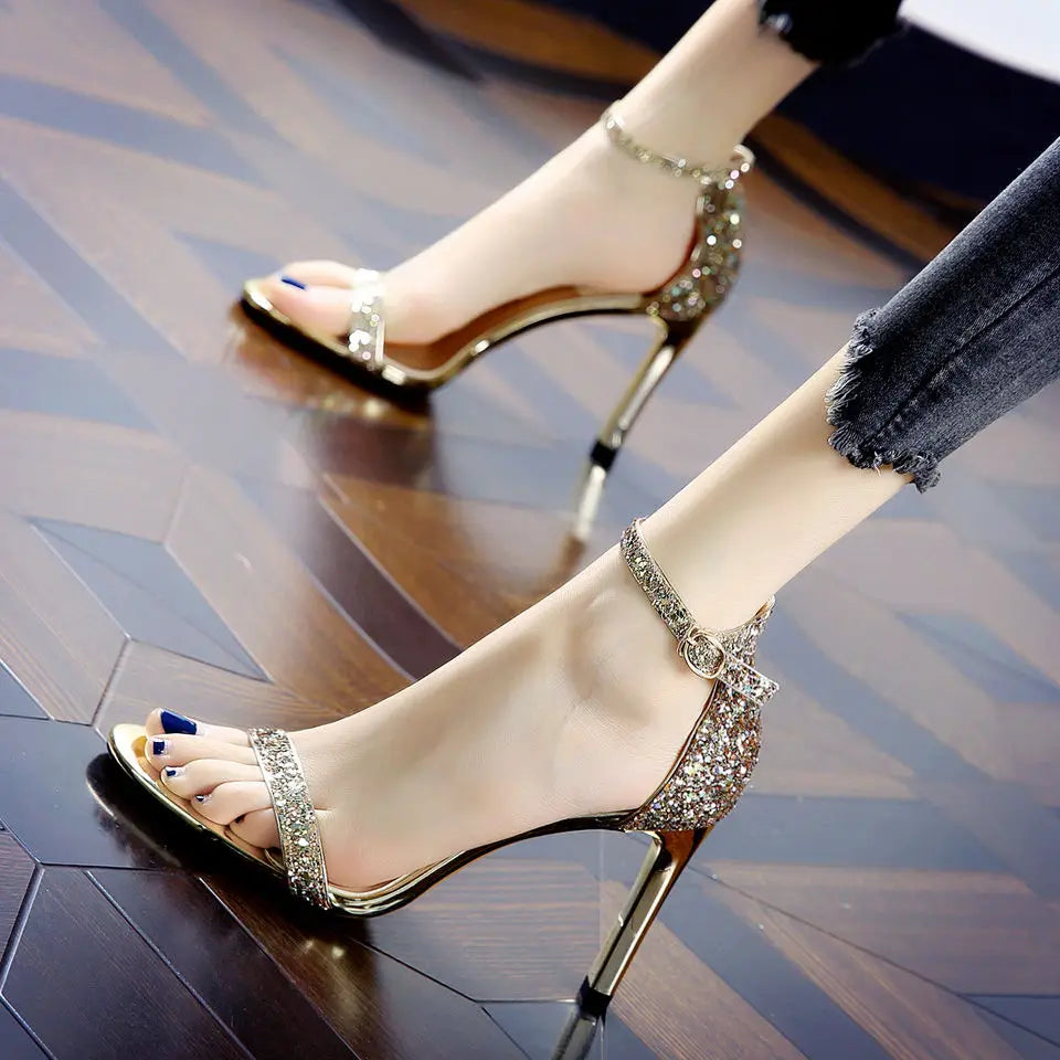 Elegant Sparkling Gold High Heel Sandal Shoes on Luulla