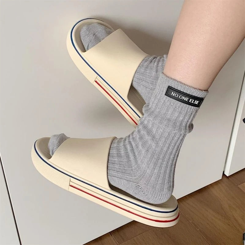 Unisex Beige Platform Slide Sandals With Socks on Luulla