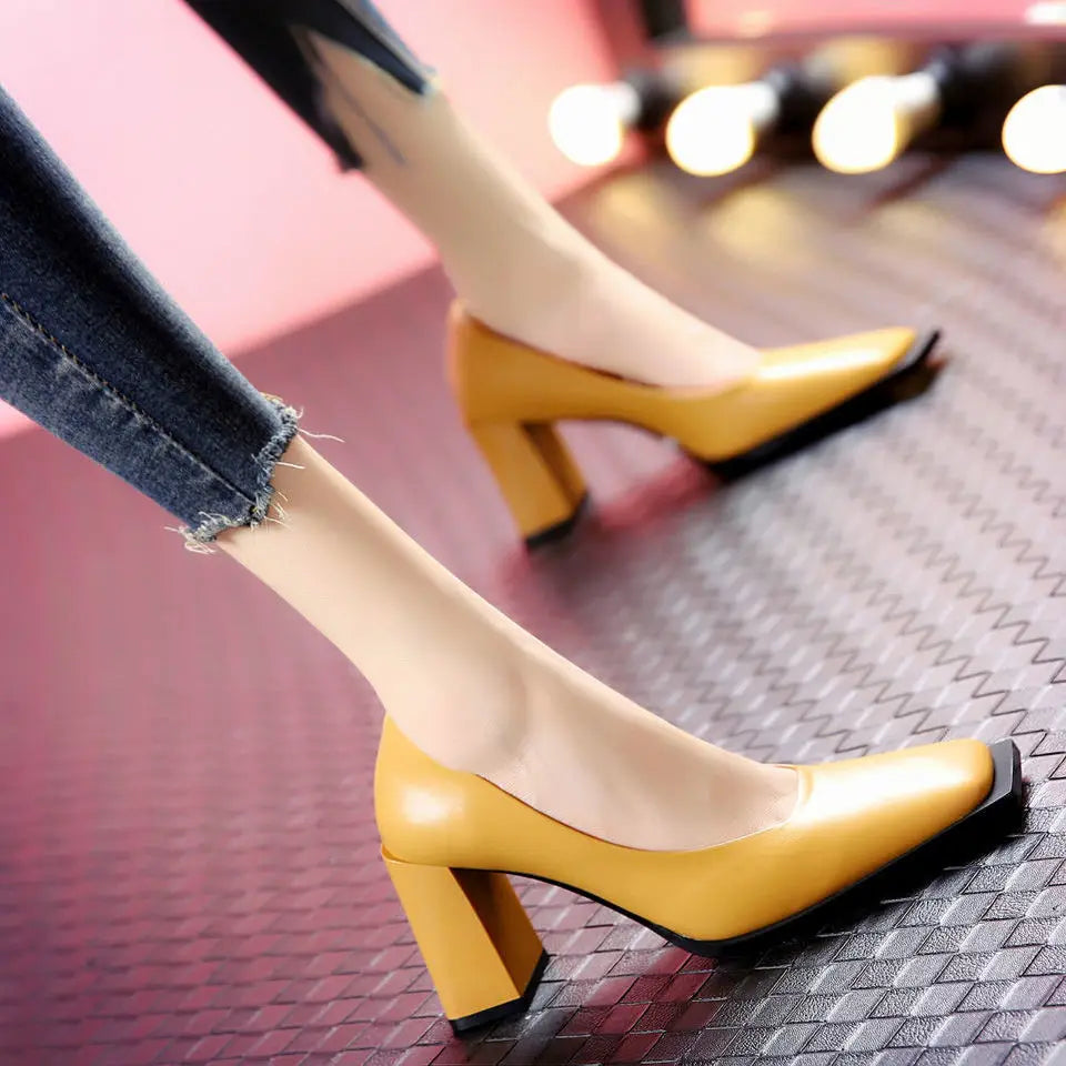 Elegant Mustard Block Heel Pumps For Women on Luulla