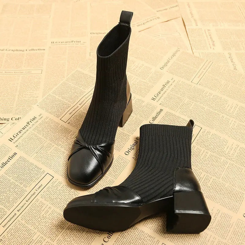 Elegant Black Knit Ankle Boots With Heels on Luulla