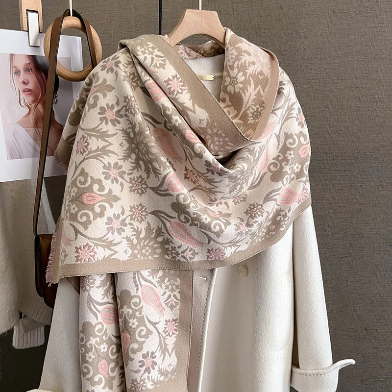 Elegant Beige Floral Patterned Woolen Shawl on Luulla