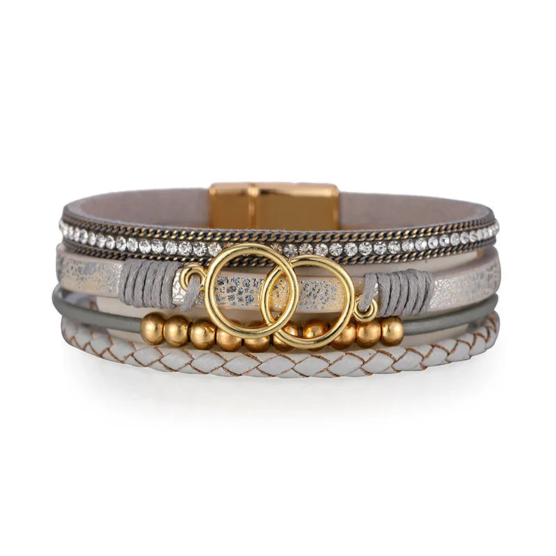 Multilayer Leather Bracelet With Gold Rings on Luulla