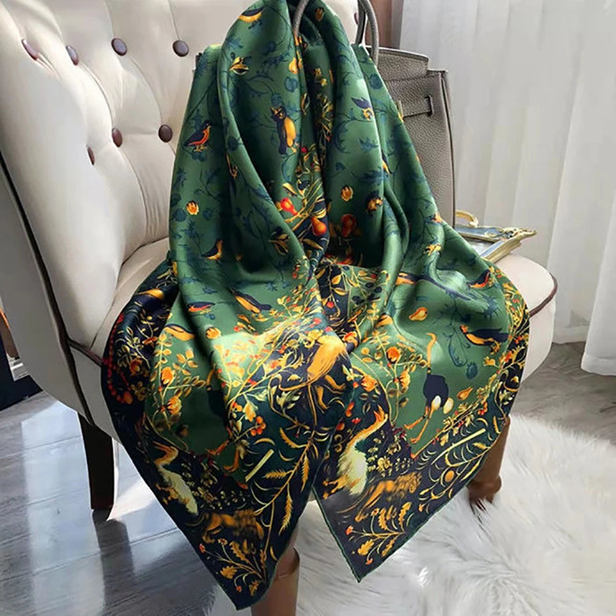 Luxurious Forest Green Silk Scarf With Wildlife on Luulla