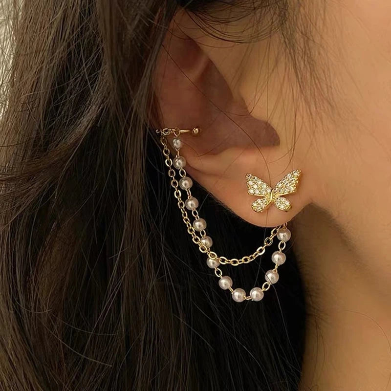 Butterfly Chain Earrings With Pearl Accents on Luulla