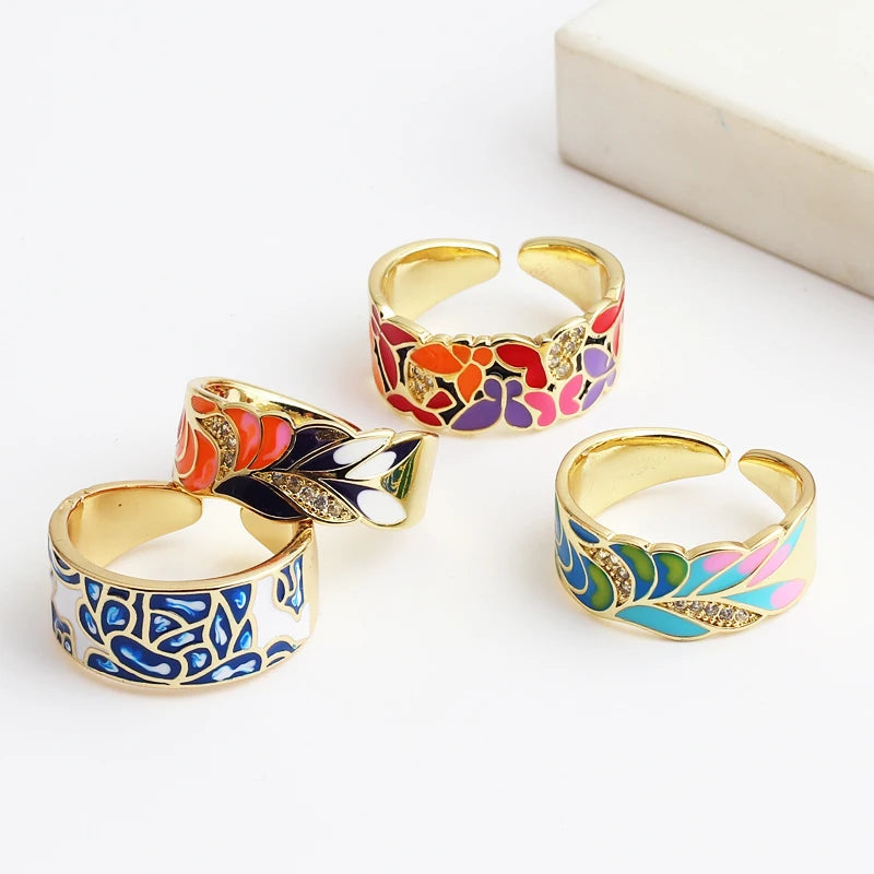 Colorful Adjustable Enamel Gold-plated Statement Rings on Luulla
