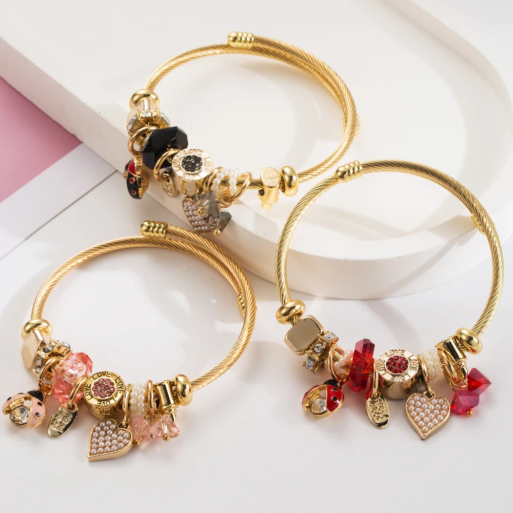 Elegant Gold Charm Adjustable Wire Bangle Bracelets on Luulla