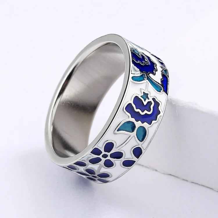 Blue Enamel Floral Pattern Sterling Silver Ring on Luulla