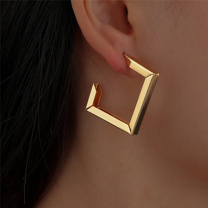 Geometric Square Gold Statement Hoop Earrings on Luulla
