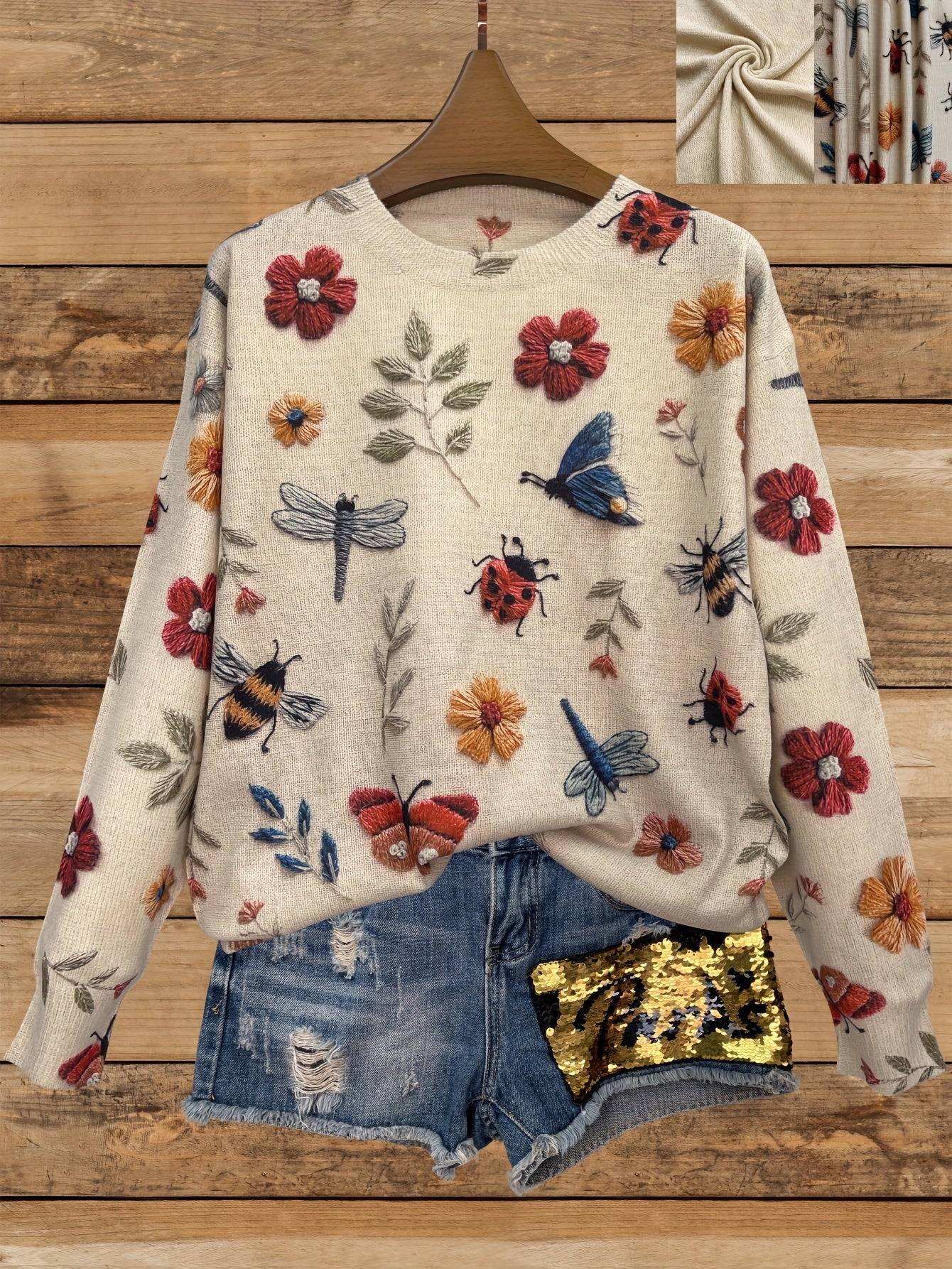 Floral Insect Design Long Sleeve Knit Sweater on Luulla
