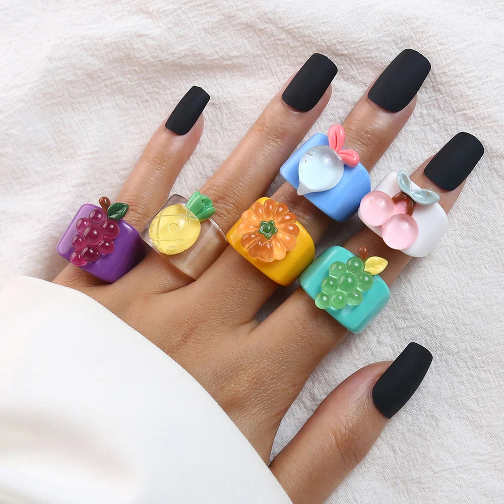 Colorful Resin Fruit Design Statement Rings Set on Luulla