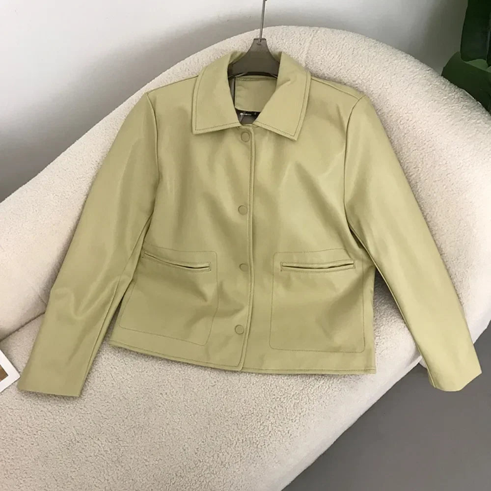 Classic Womens Light Beige Button-up Leather Jacket on Luulla