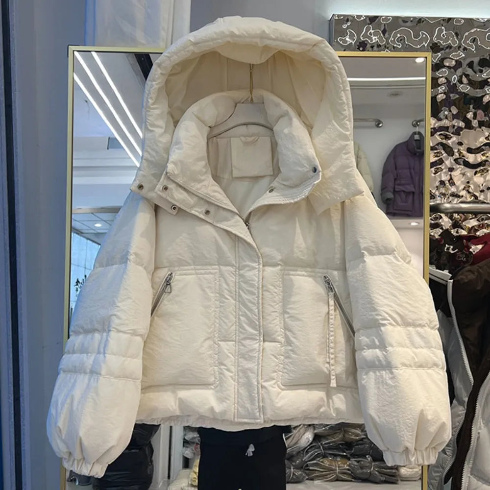 Cozy White Hooded Puffer Jacket For Winter on Luulla