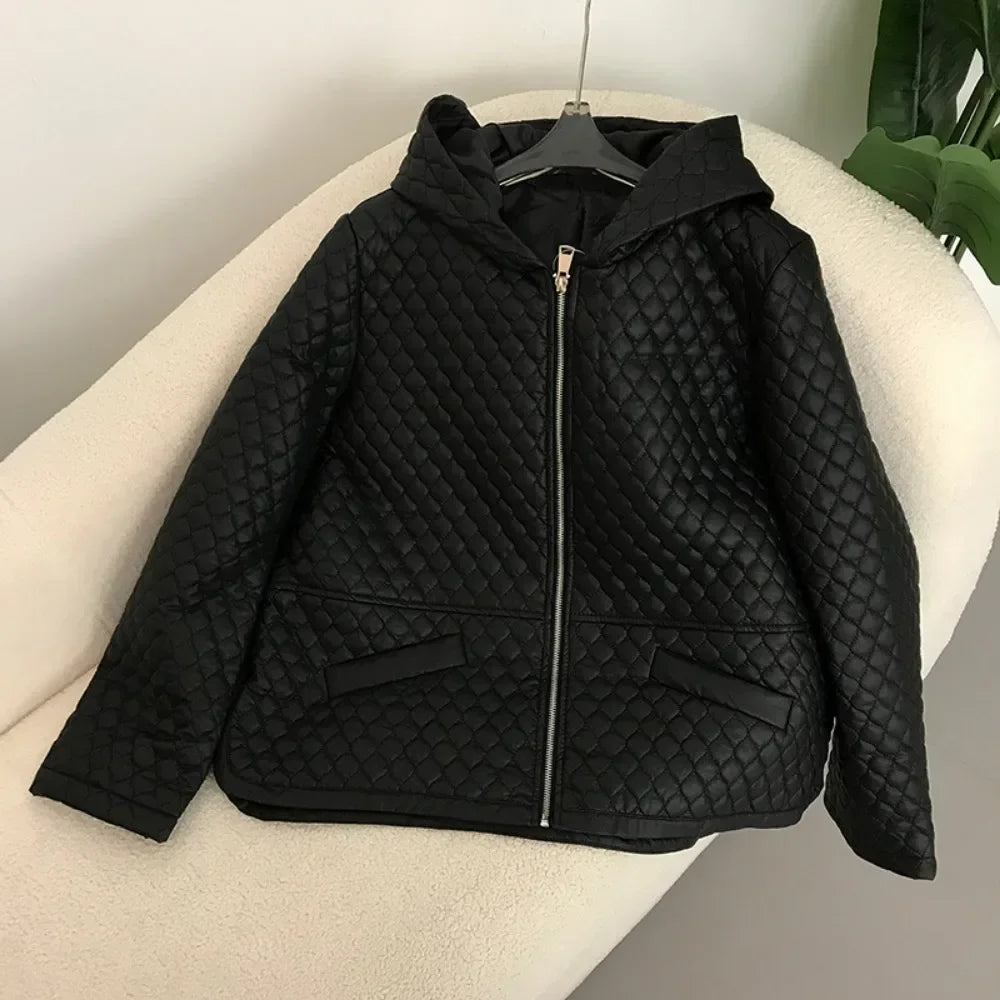 Quilted Black Hooded Jacket With Zipper Closure on Luulla