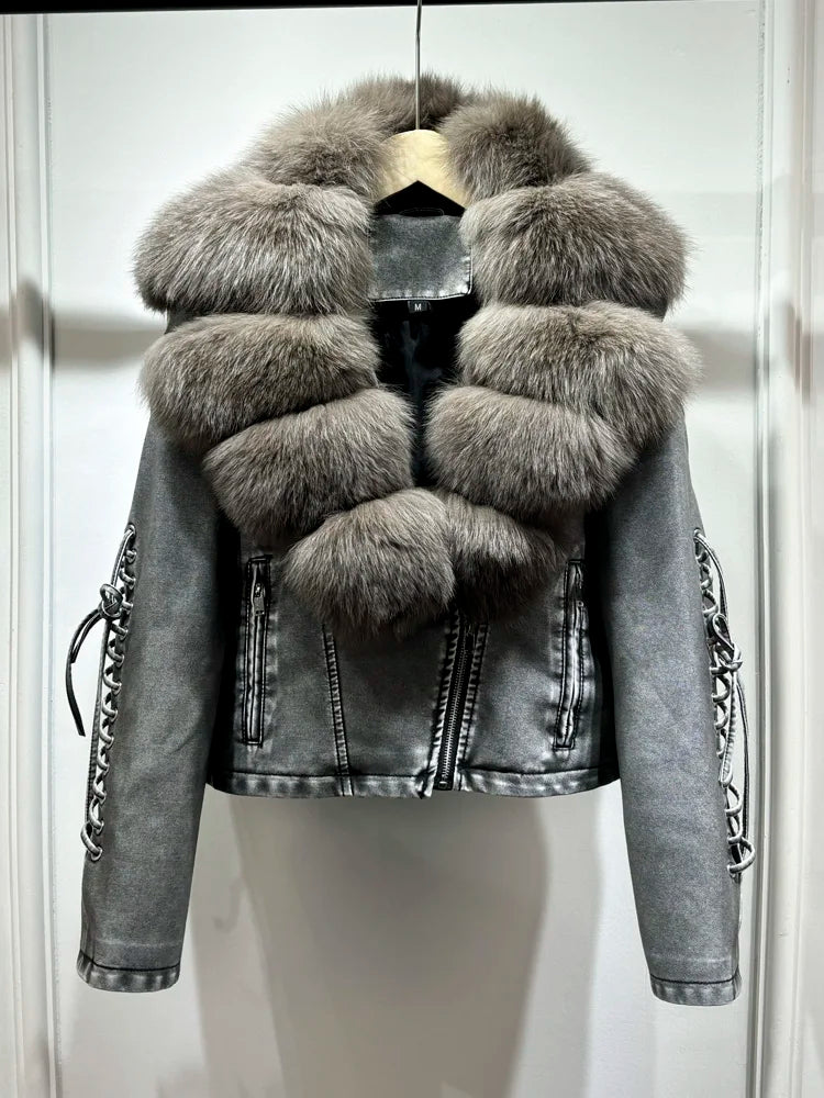 Faux Fur Trimmed Leather Jacket With Laced Sleeves on Luulla