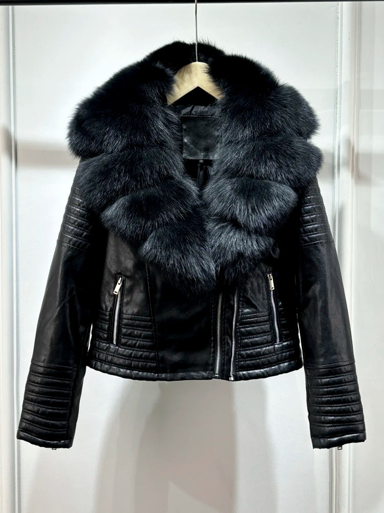Luxe Black Faux Fur Trim Leather Jacket on Luulla
