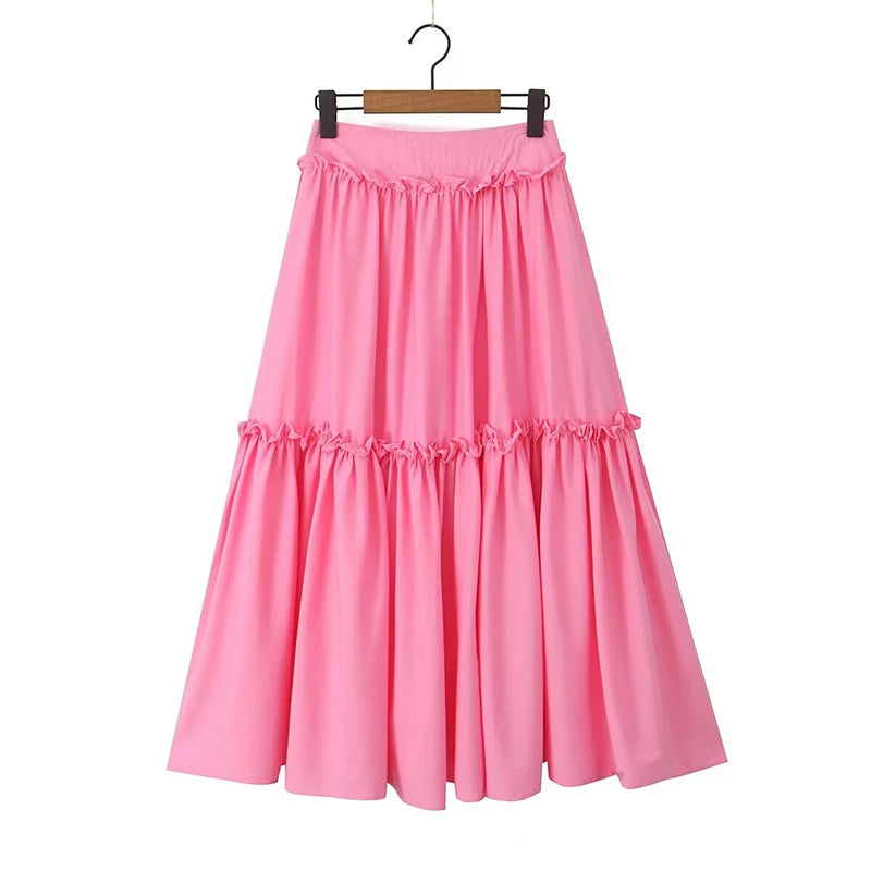 Pink High-waisted Flowing Midi Skirt With Ruffles on Luulla