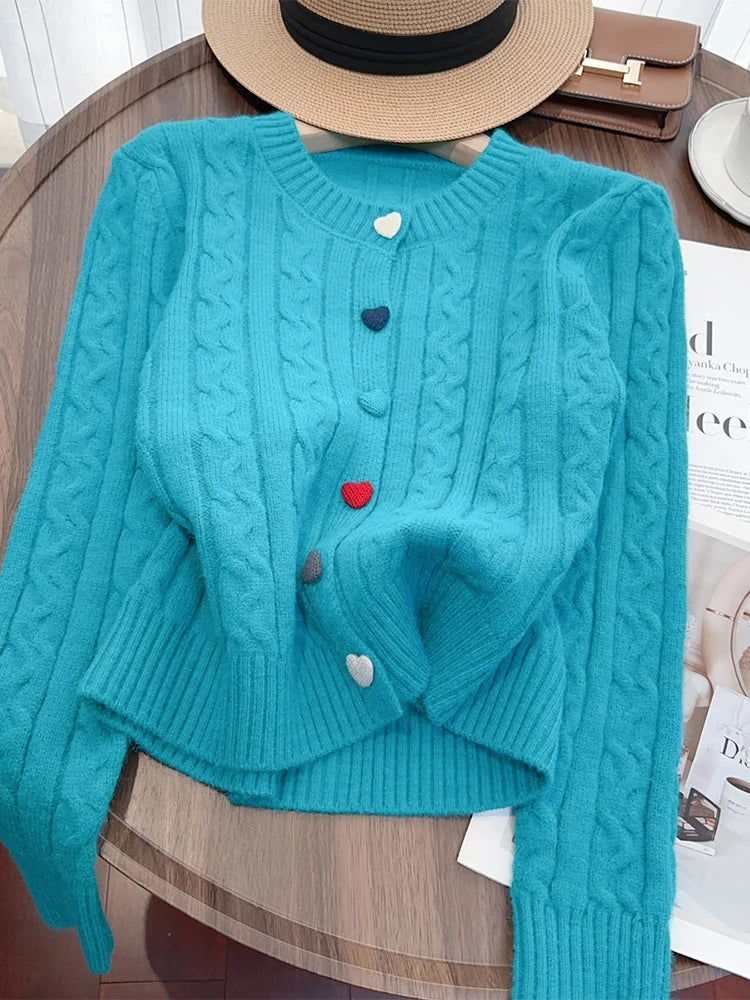 Cozy Turquoise Cardigan With Colorful Heart Buttons on Luulla