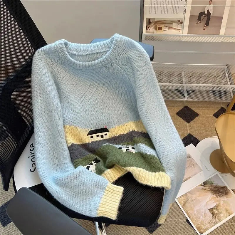 Cozy Knitted Sweater Pastel Colors Farm Design on Luulla