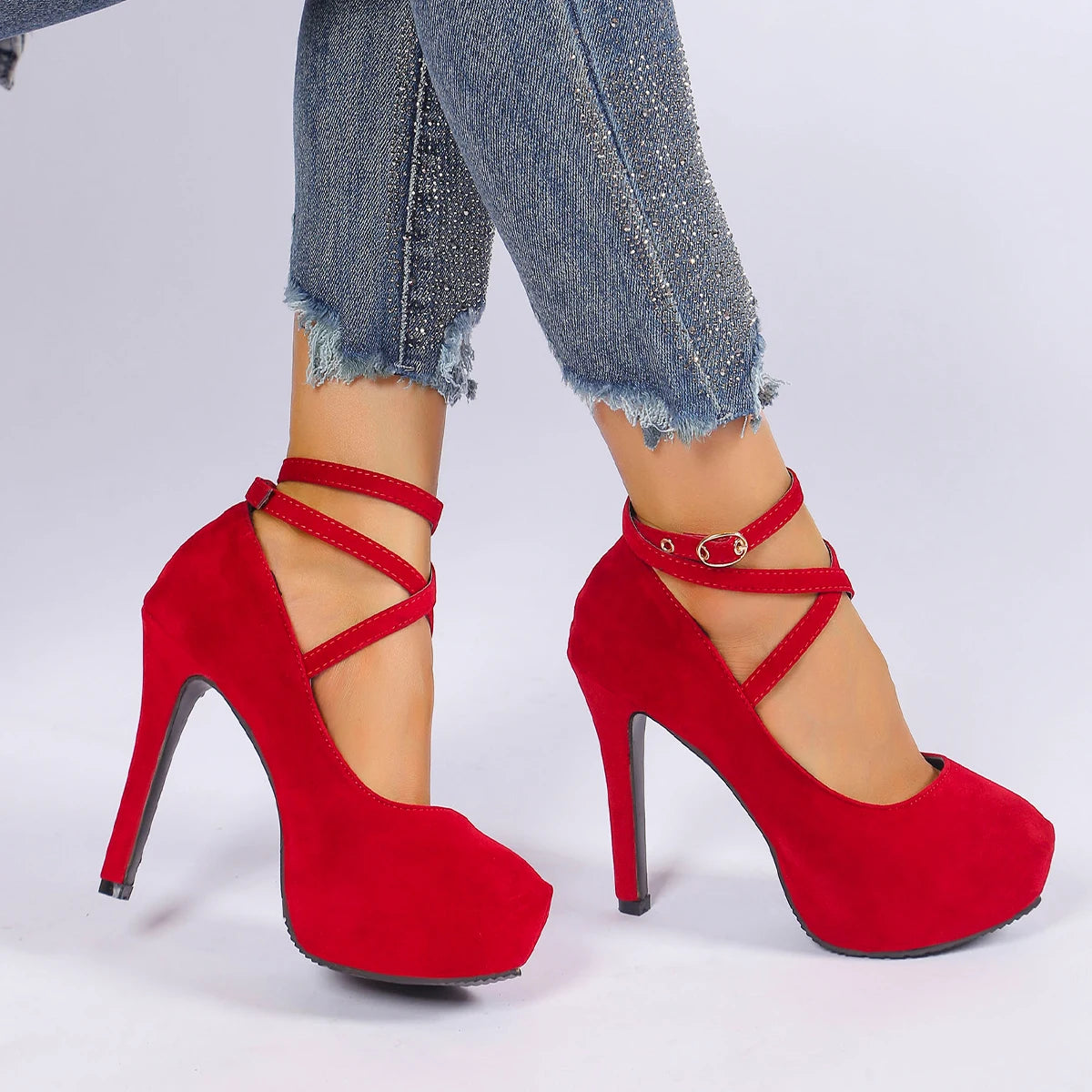 Red Suede High Heels With Ankle Straps on Luulla