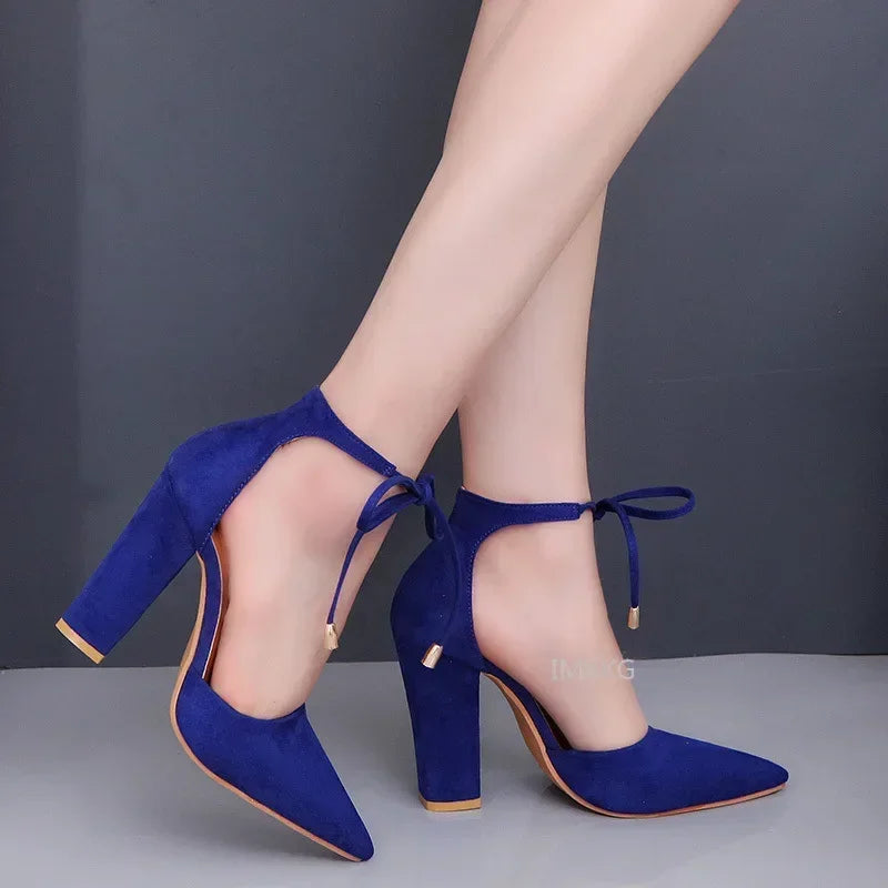 Royal Blue Block Heel Ankle Tie Pumps on Luulla