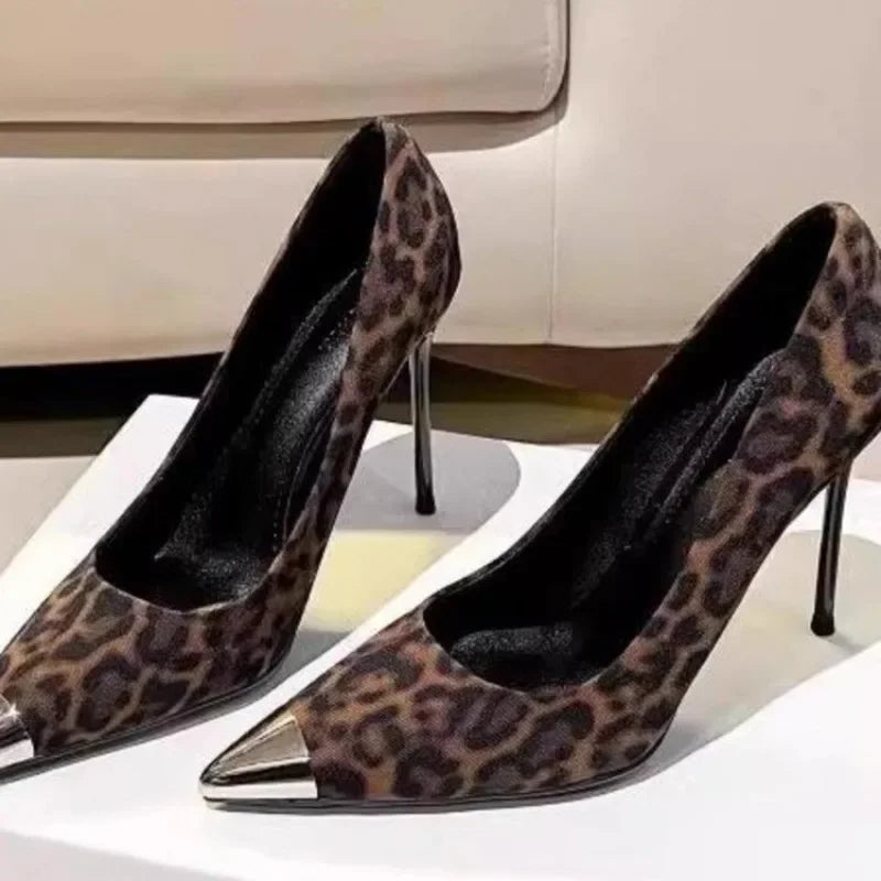 Leopard Print Pointed Toe Heels With Metal Tips on Luulla