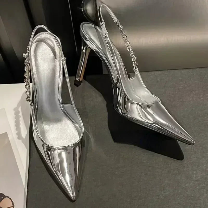 Silver High Heel Slingback Pointed Toe Pumps on Luulla
